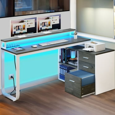 DWVO 65" L Shaped Desk with Power Outlets and Monitor Stand , Computer ...