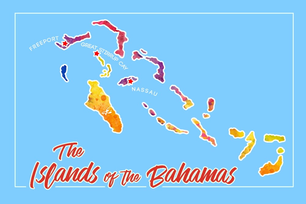 Bahamas, Colorful Map of the Islands Islands (36x54 Giclee Gallery Art ...