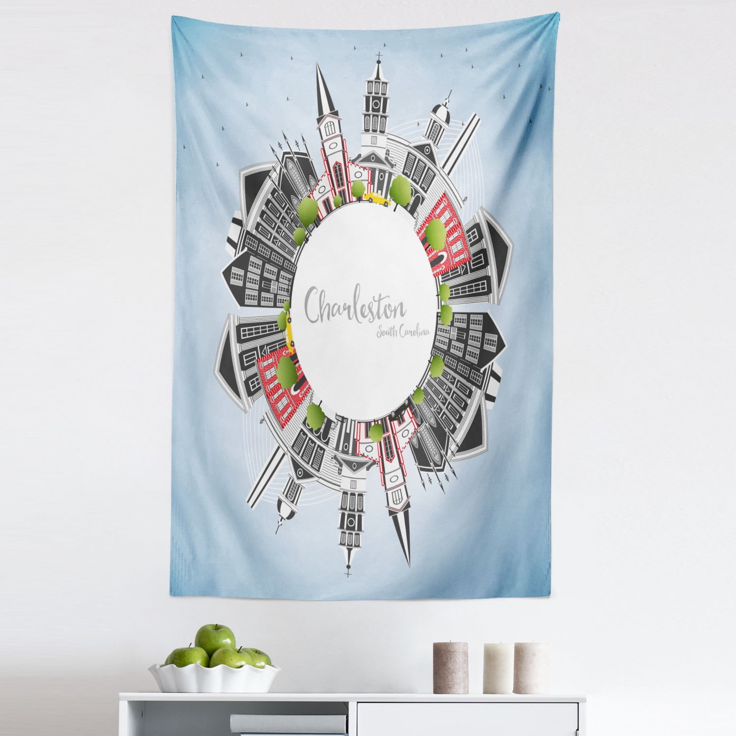 Charleston Tapestry, Buildings on a Globe Pattern American Urban ...