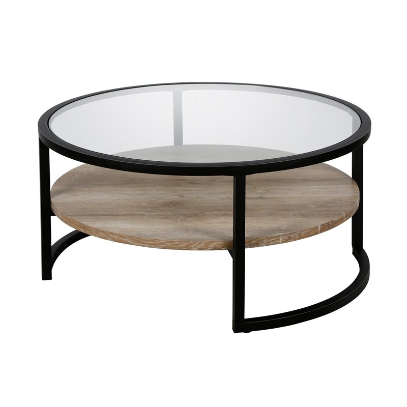 Maklaine Modern Round Metal Coffee Table with Wood Oak Shelf in Black ...