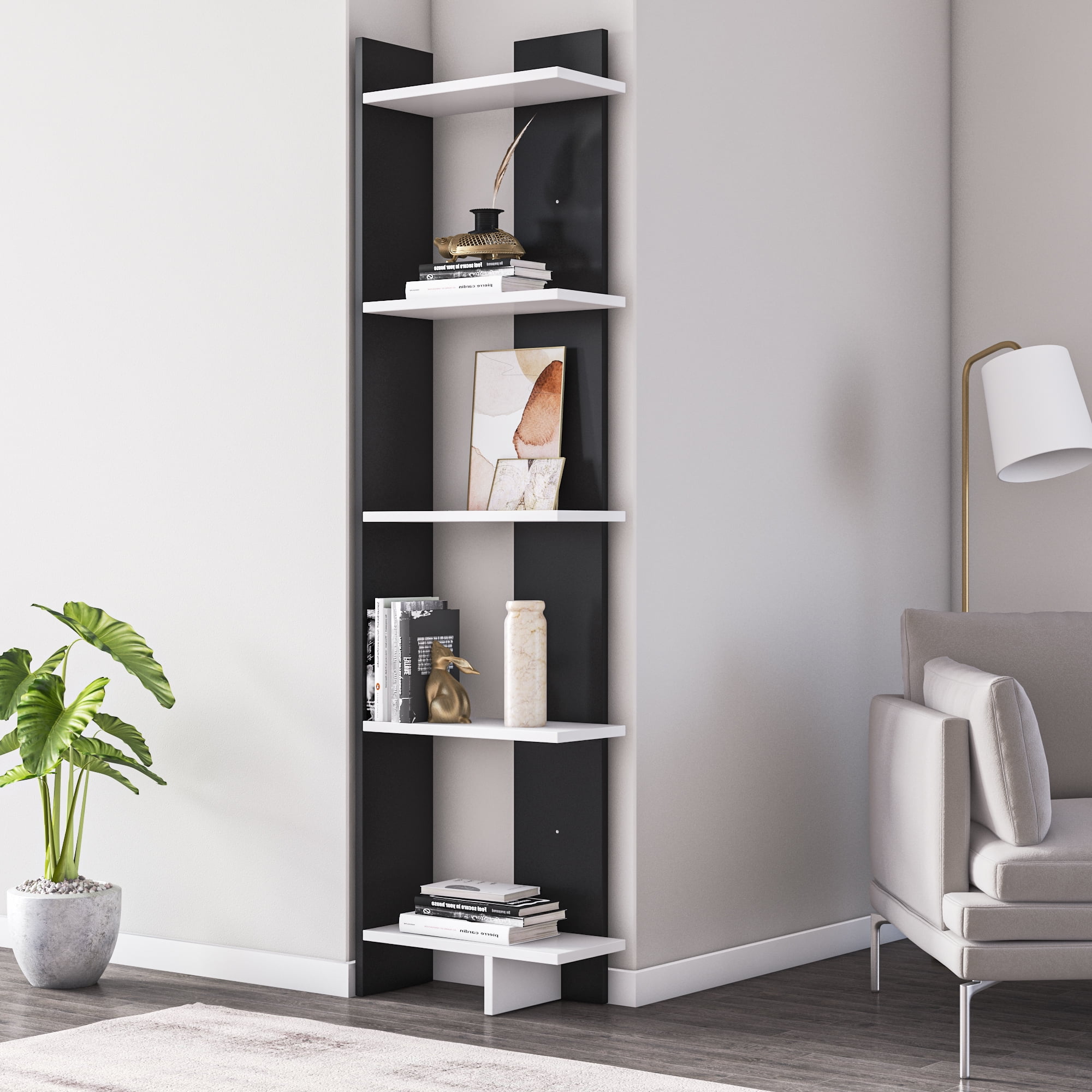 Alice 67" 5-Shelf Corner Bookcase, Black - Walmart.com