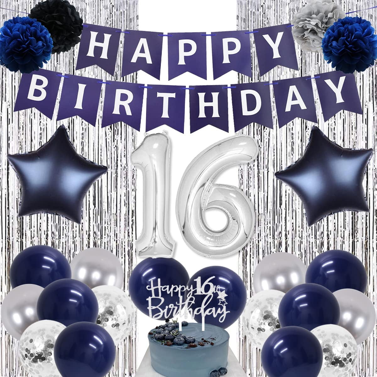 Navy Blue and Silver 16th Birthday Decorations for Boys Girls, Paper ...