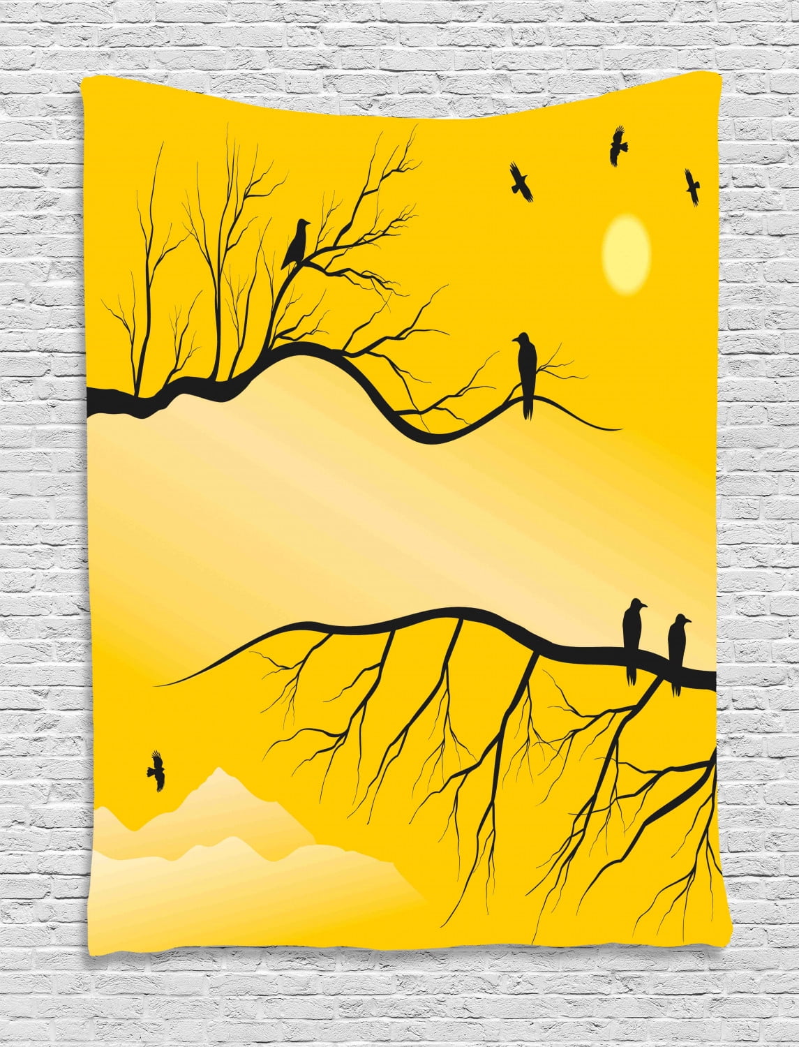 Black Crow Tapestry, Artistic Silhouette Stylized Birds on Autumn Bare ...