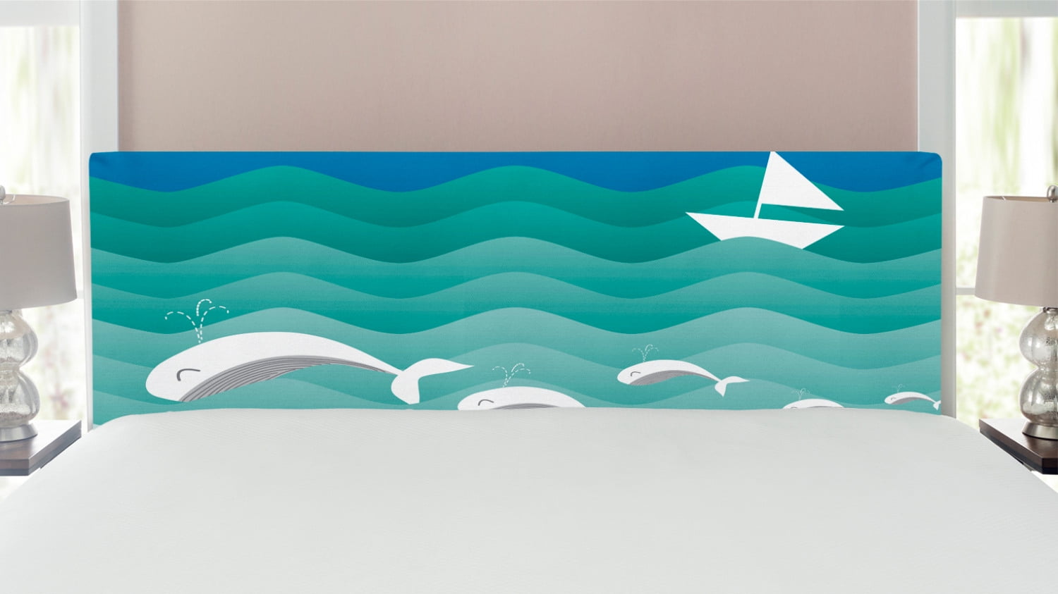 Nautical Headboard, Theme Paper Boat Sea Happy Dolphins Underwater ...