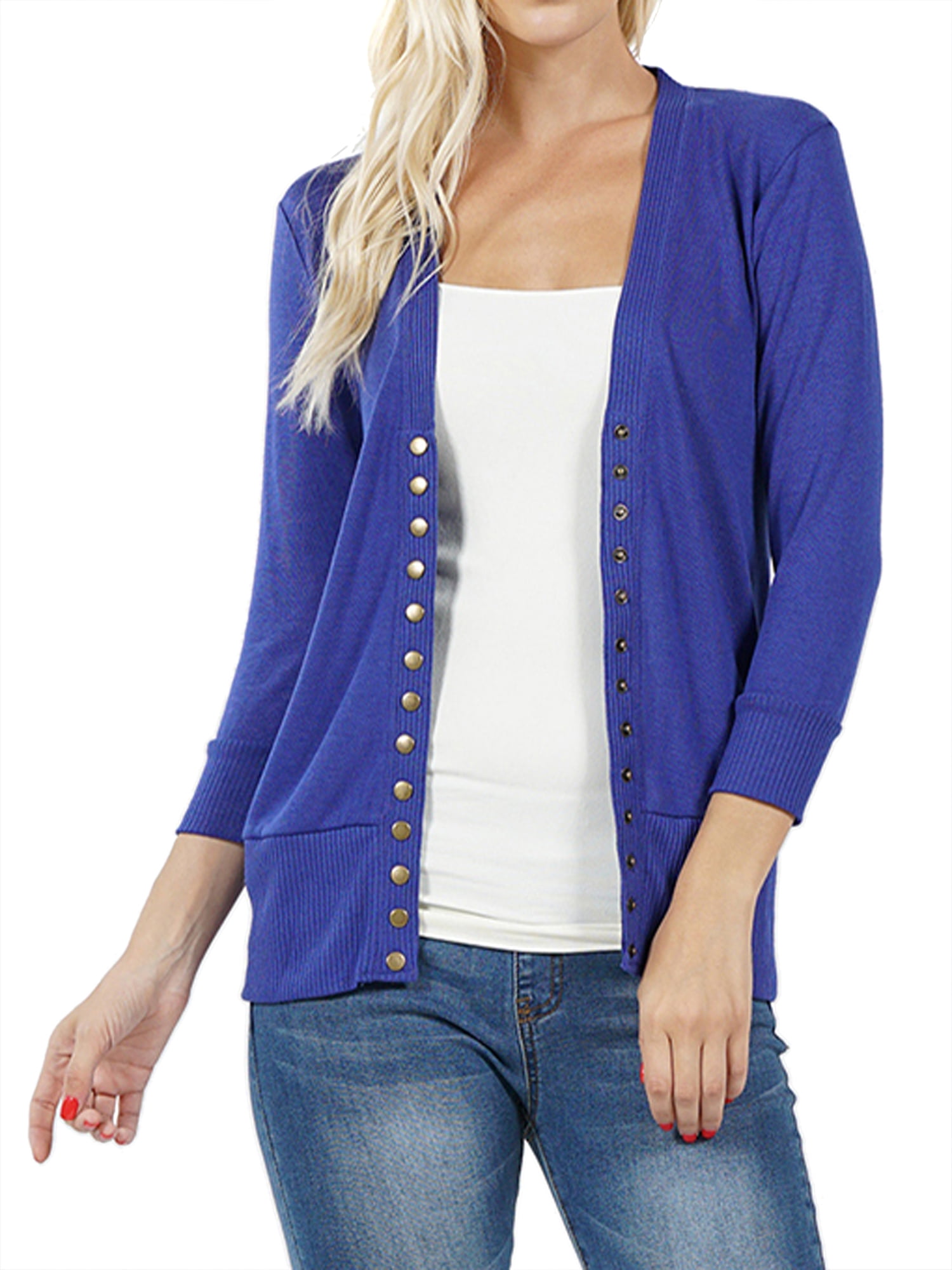 Women Classic Thin Snap Button Front V-Neck Button Down 3/4 Sleeve ...