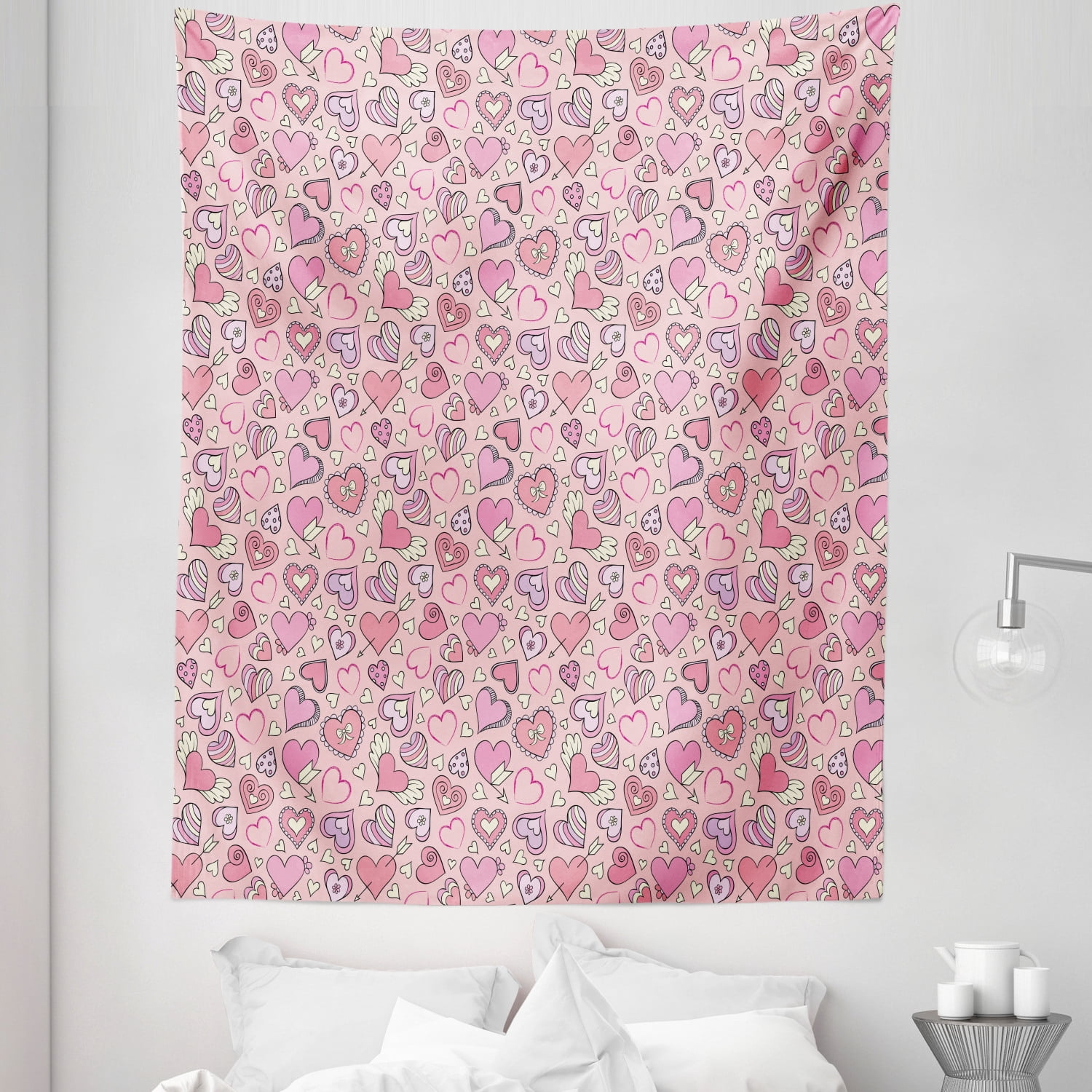Love Tapestry, Romantic Doodle Style Pattern Winged Striped Hearts ...