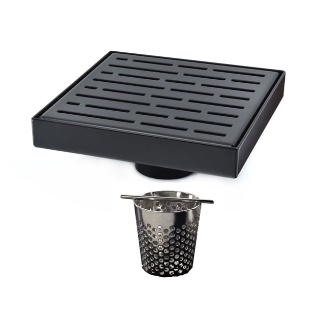6 Inch Matte Black Square Shower Drain with Hair Trap Set (2 Designs ...