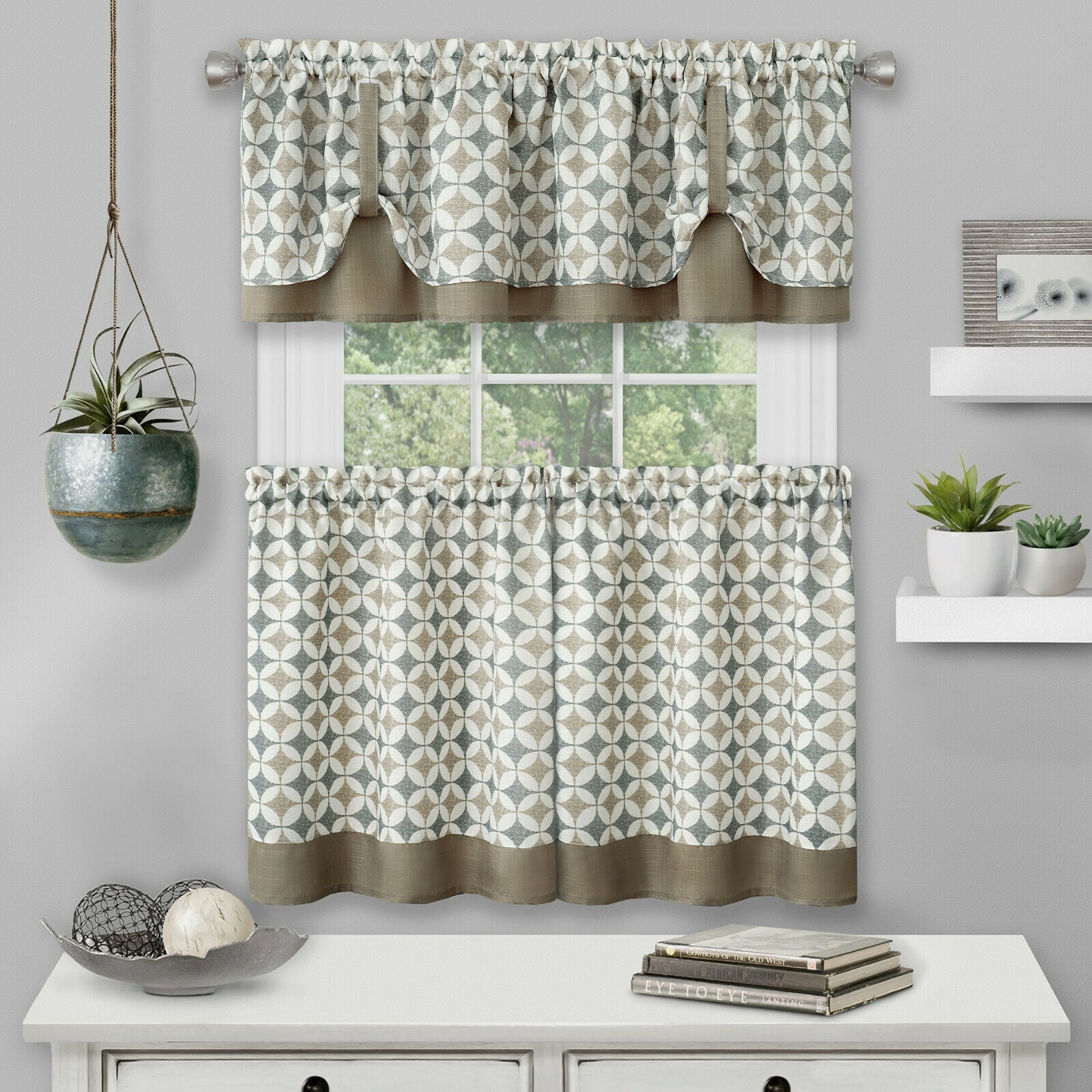 Kate Aurora Modern Geo 3 Pc Kitchen Curtain Tier & Valance Set - Taupe ...