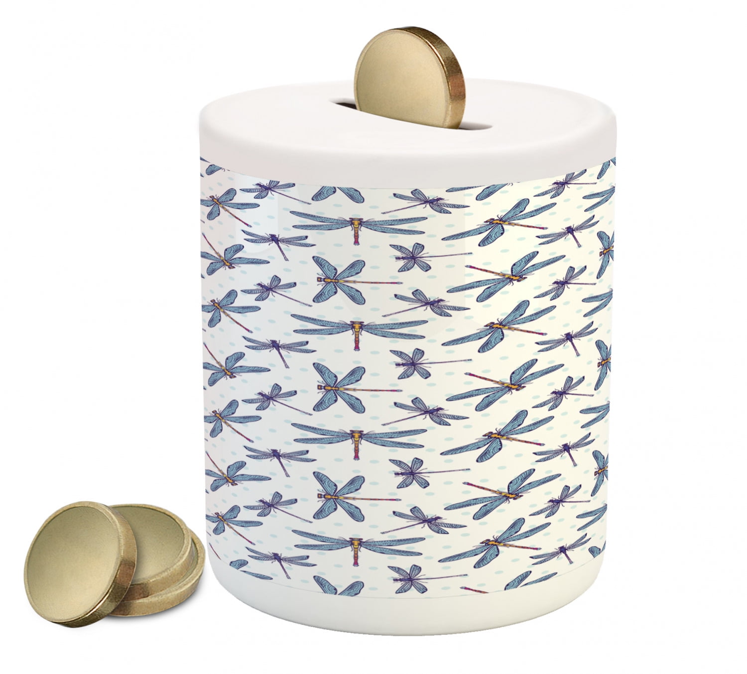 Dragonfly Piggy Bank, Hand Drawn Bugs Pattern on Pale Blue Dotted ...