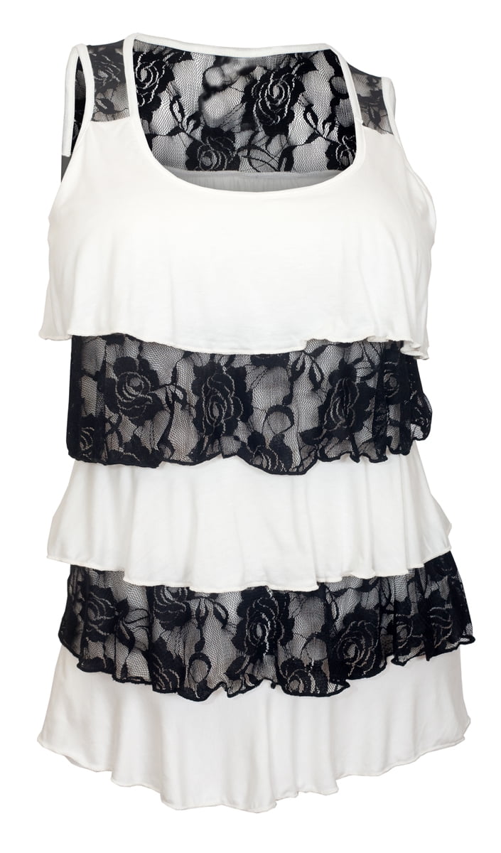 eVogues Plus Size Tiered Ruffle Tank Top Floral Print Black White ...