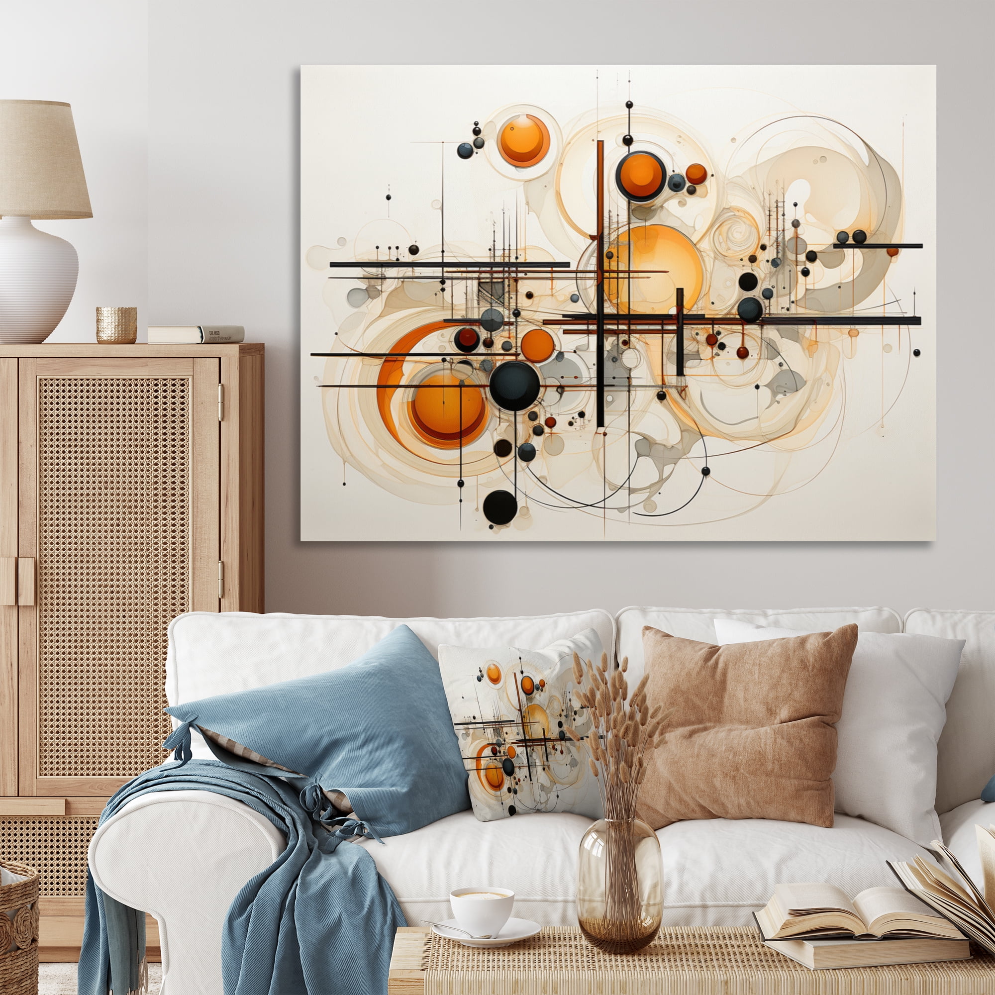 Designart Line Art Wall Art  Conceptual Abstracts Orange And Beige Line Art  Line Art Large Wall Art Decor  Orange Modern Canvas Wall Art  32x16 Inch