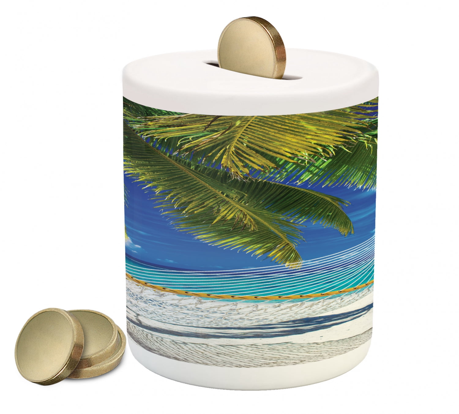 Beach Piggy Bank, Hammock on the Sandy Beach Between Palm Coconut ...