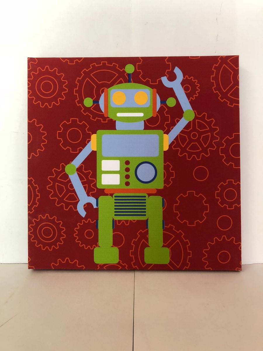 Set of 2 Red and Blue Robot Contemporary Square Wall Plaque 12 ...