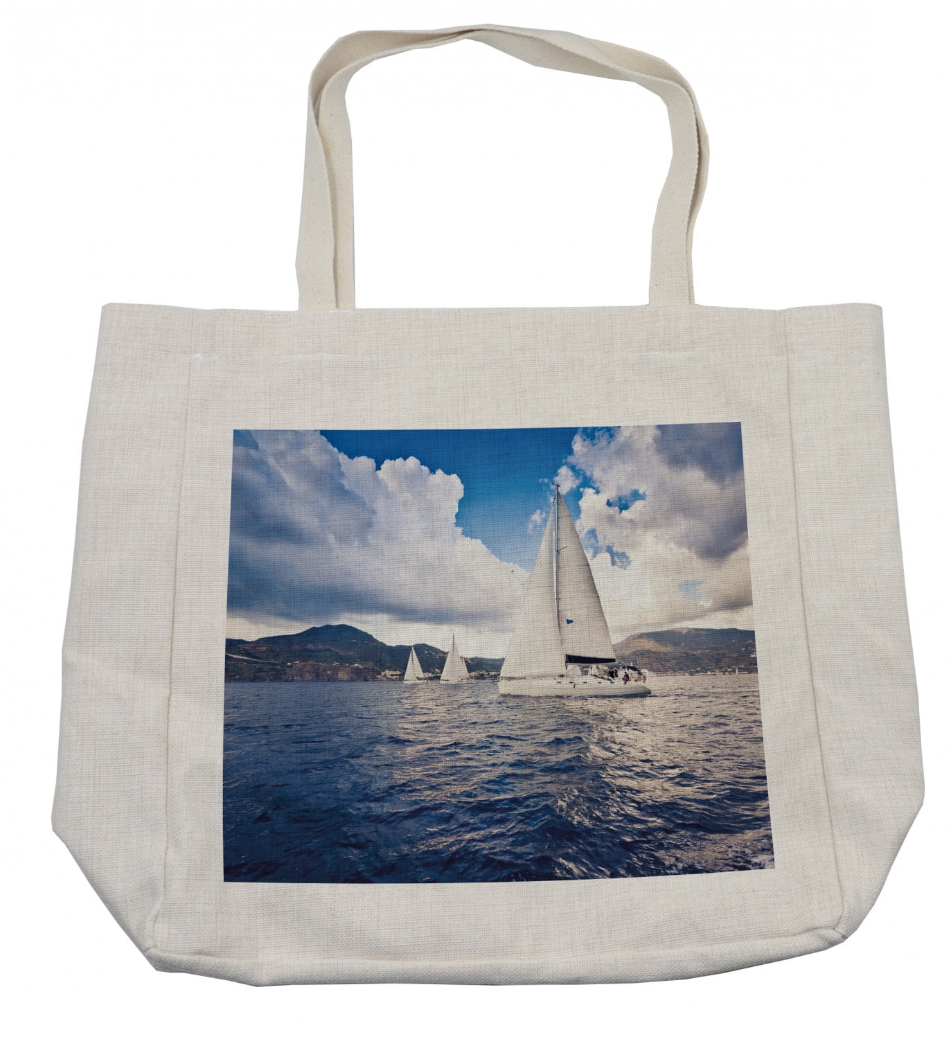 Nautical Shopping Bag, Sailing Boat and Sails on Sea Waves Cloudy Sky ...