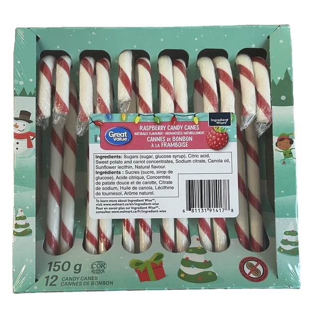 Great Value Raspberry Candy Canes, Naturally Flavoured, 12 Candy Canes ...