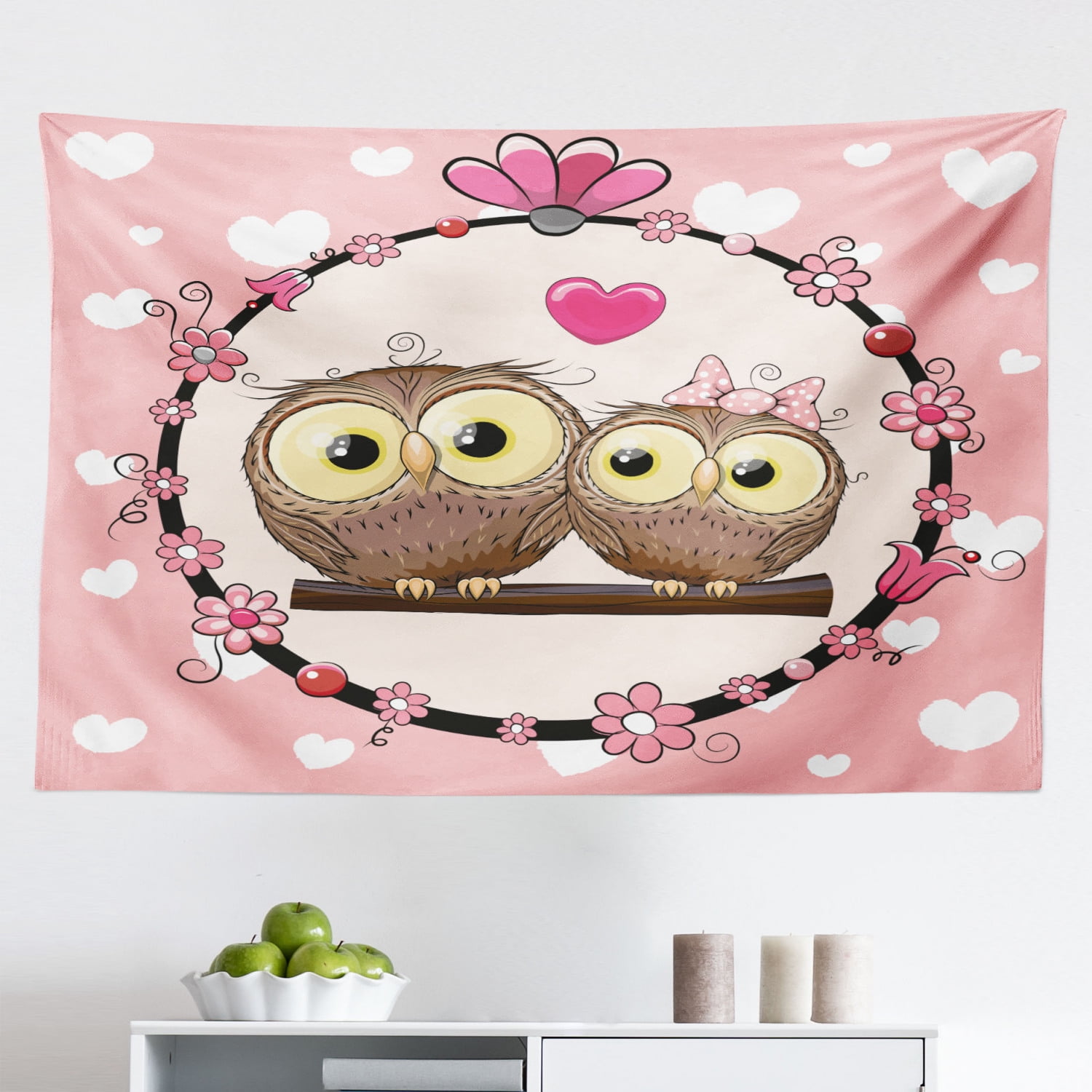 Owls Tapestry, Owl Couple on Tree Branch Floral Wreath Celebrations ...