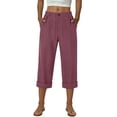 BONIXOOM Womens Capri Pants, High Waist Pleated Pants, Roll Hem Side ...
