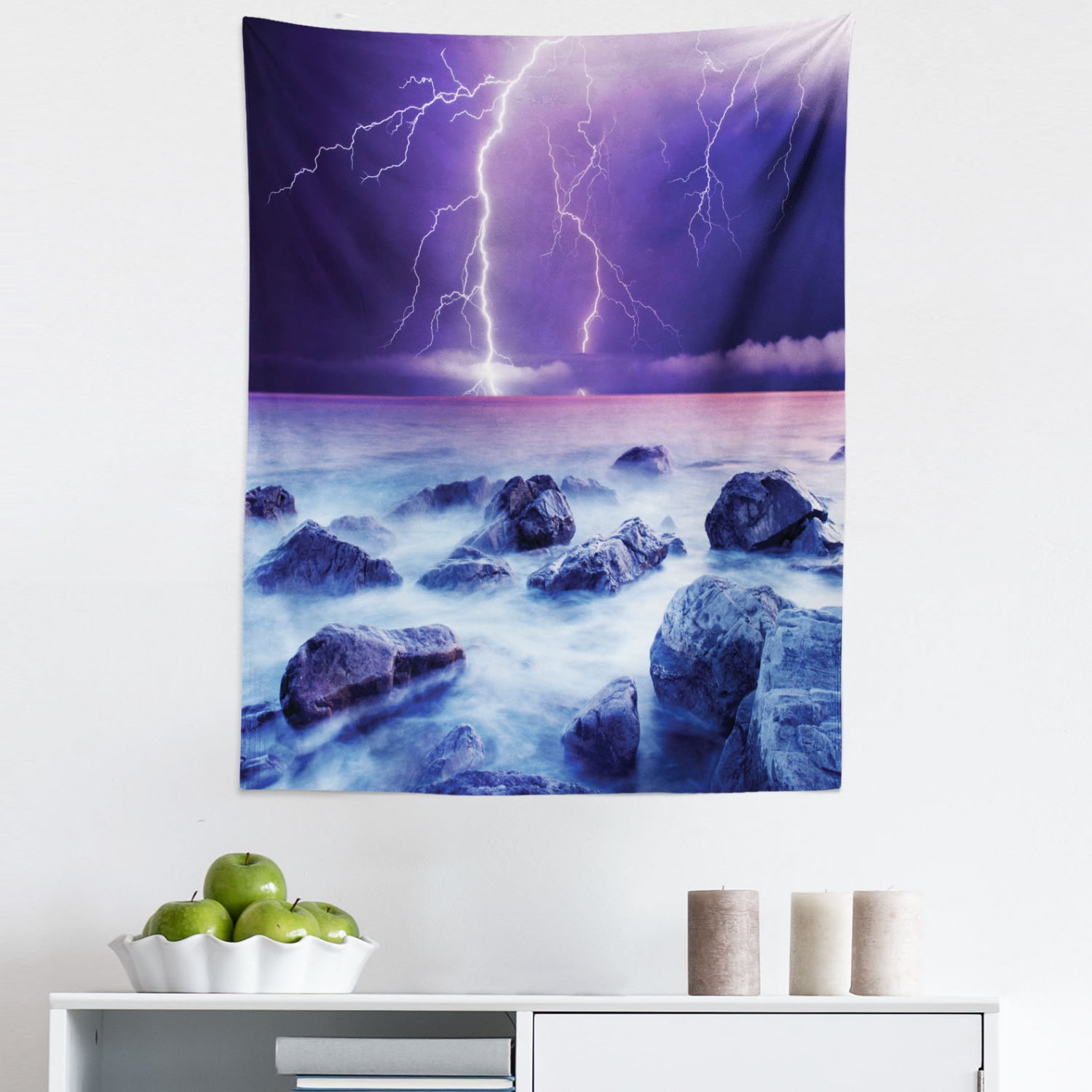 Storm Tapestry, Stormy Sky Scary Ocean Rocks Night View Theme Art ...