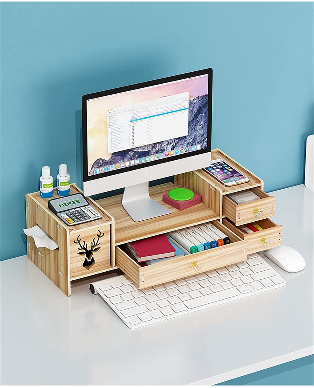 Bamboo Wood Monitor Stand Ergonomic Computer Riser 2-Tier 3 Drawers ...