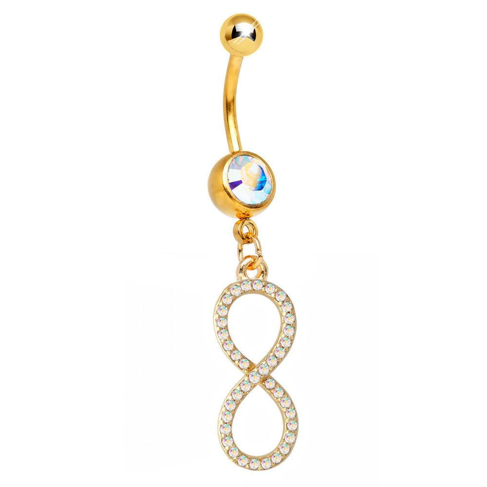 Infinity Belly Button Ring 14 gauge Gold I.P. Dangle CZ Gems 316L ...