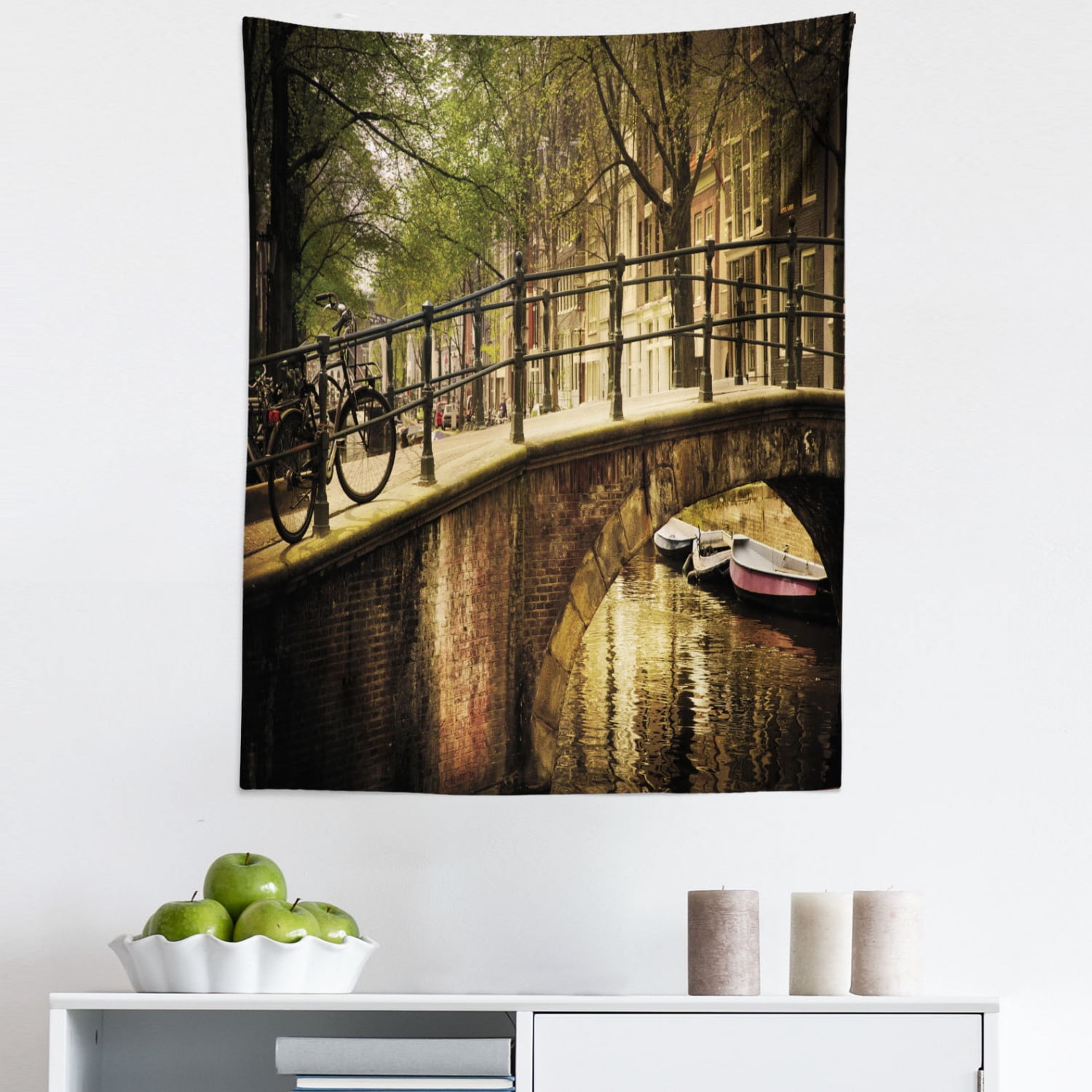 Cityscape Tapestry, Romantic Bridge over Canal Amsterdam Netherlands ...