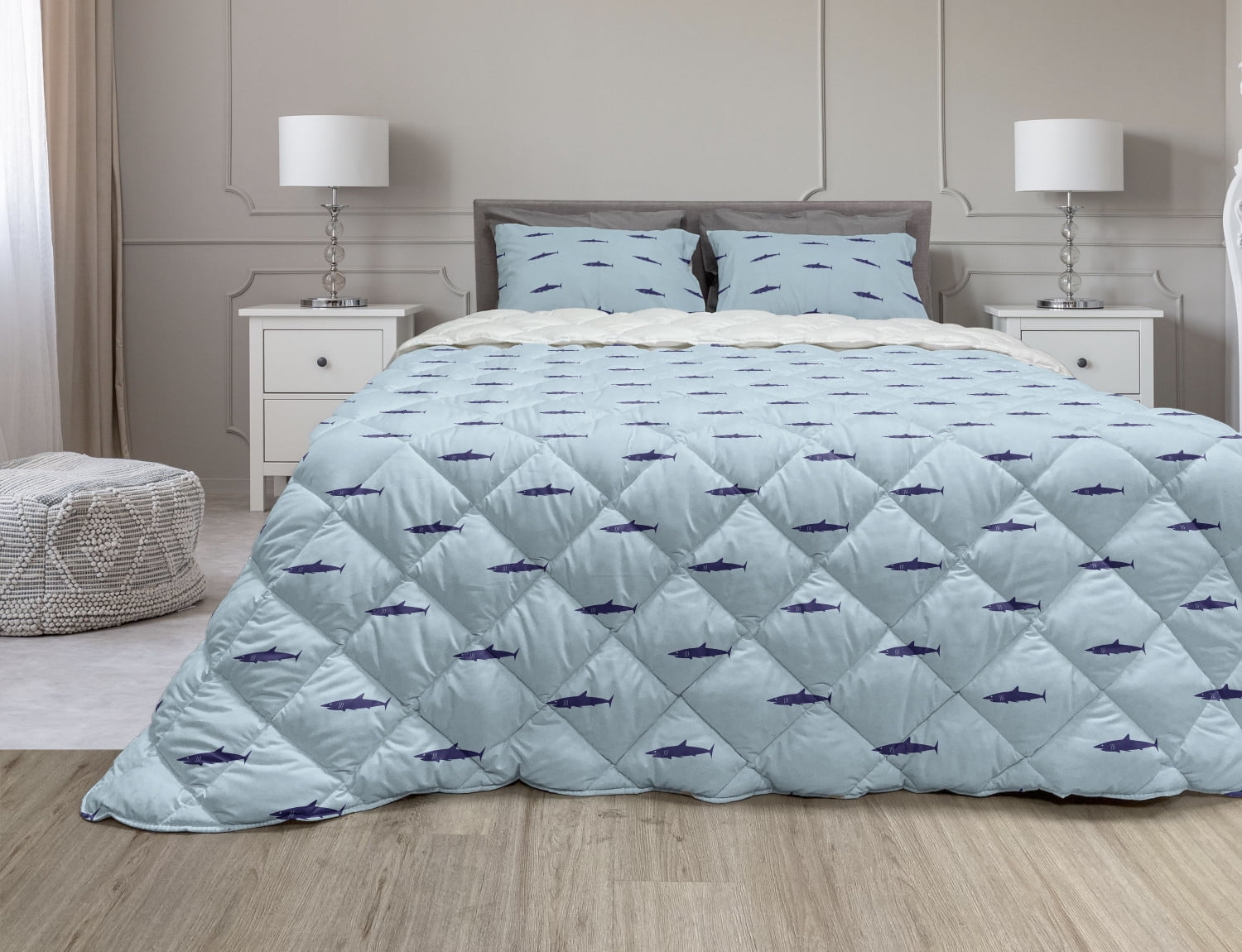Shark Comforter & Sham Bedding Set, Ocean Life Pattern in Blue Shades ...