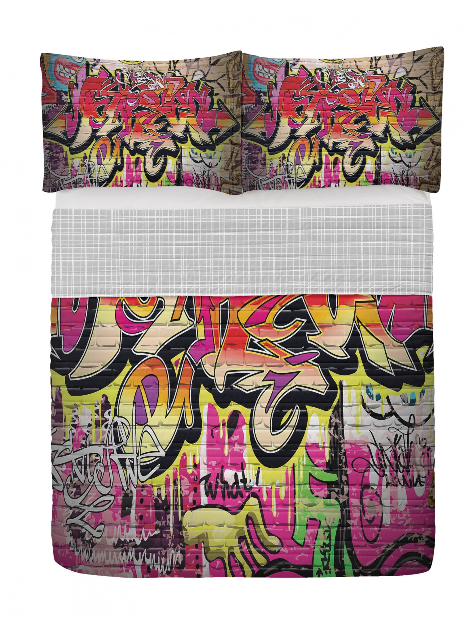 Brick Wall Reversible Bedspread Set, Graffiti on Urban Street Style Art ...
