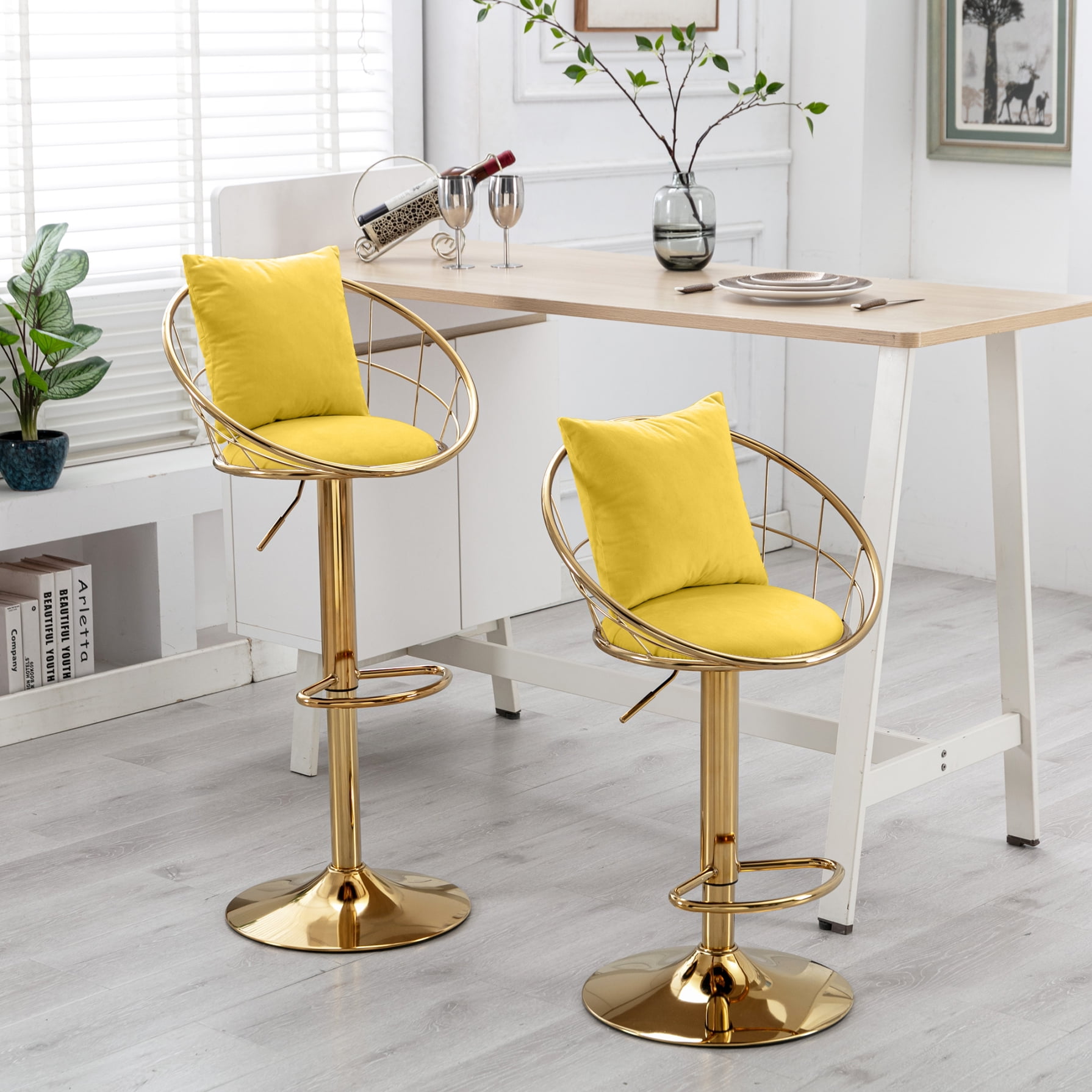 Velvet Bar Chair, Set of 2 Bar Stools with Pure Gold Plated, Swivel ...