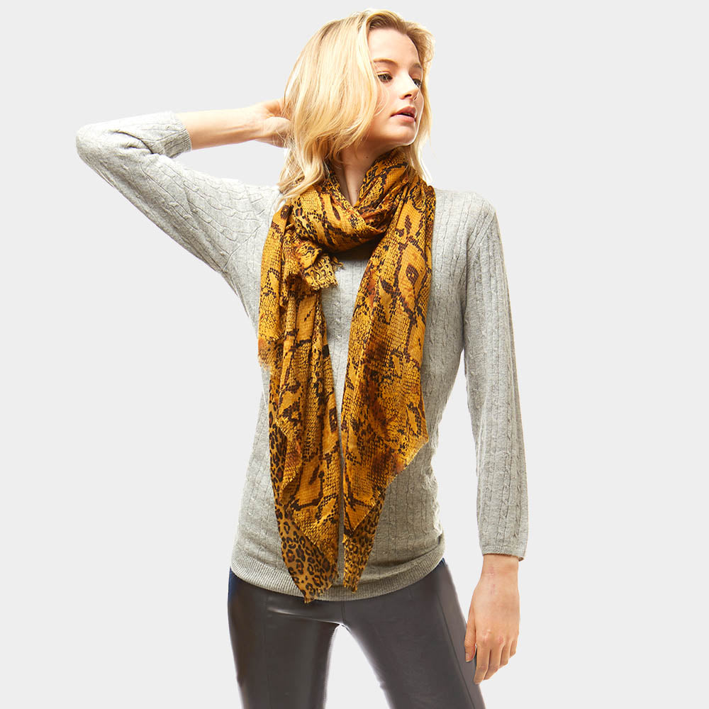 Gold, black and brown reptile snake print shawl-scarf with frayed edges ...