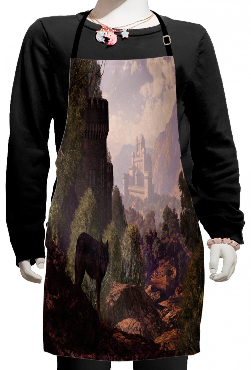 Woodland Kids Apron, Wolf Coming out of the Woods Gothic Castle Lake ...