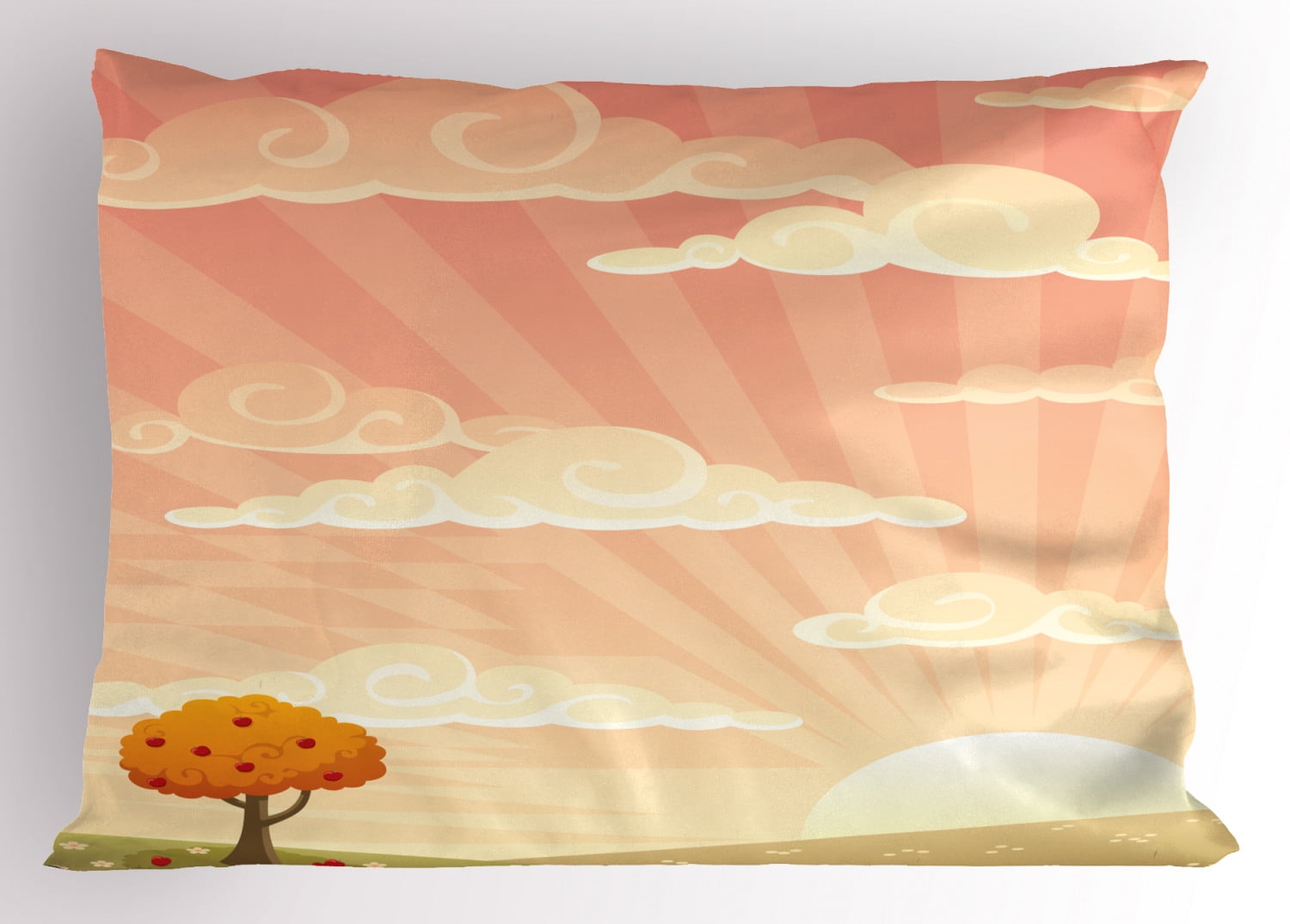 Meadow Pillow Sham Lonely Tree Floral Rural Field Clouds and Sun ...