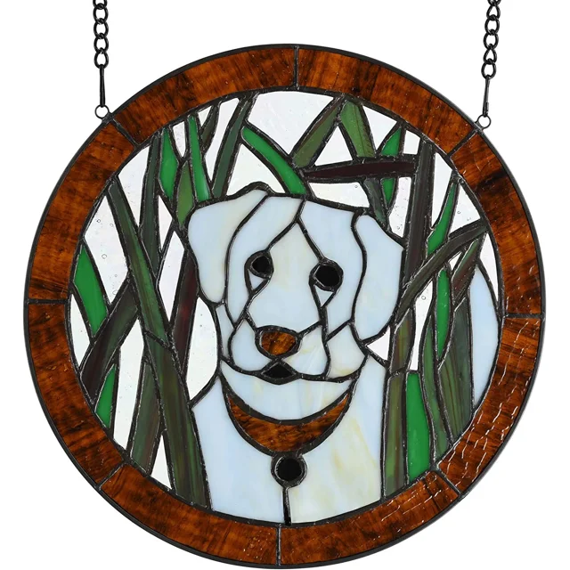 BIEYE W10071 White Dog Tiffany Style Stained Glass Window Panel, Round ...