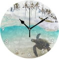 Round Wall Clock Silent Hawaiian Palm Tree Sea Turtle Wall Clock Non ...