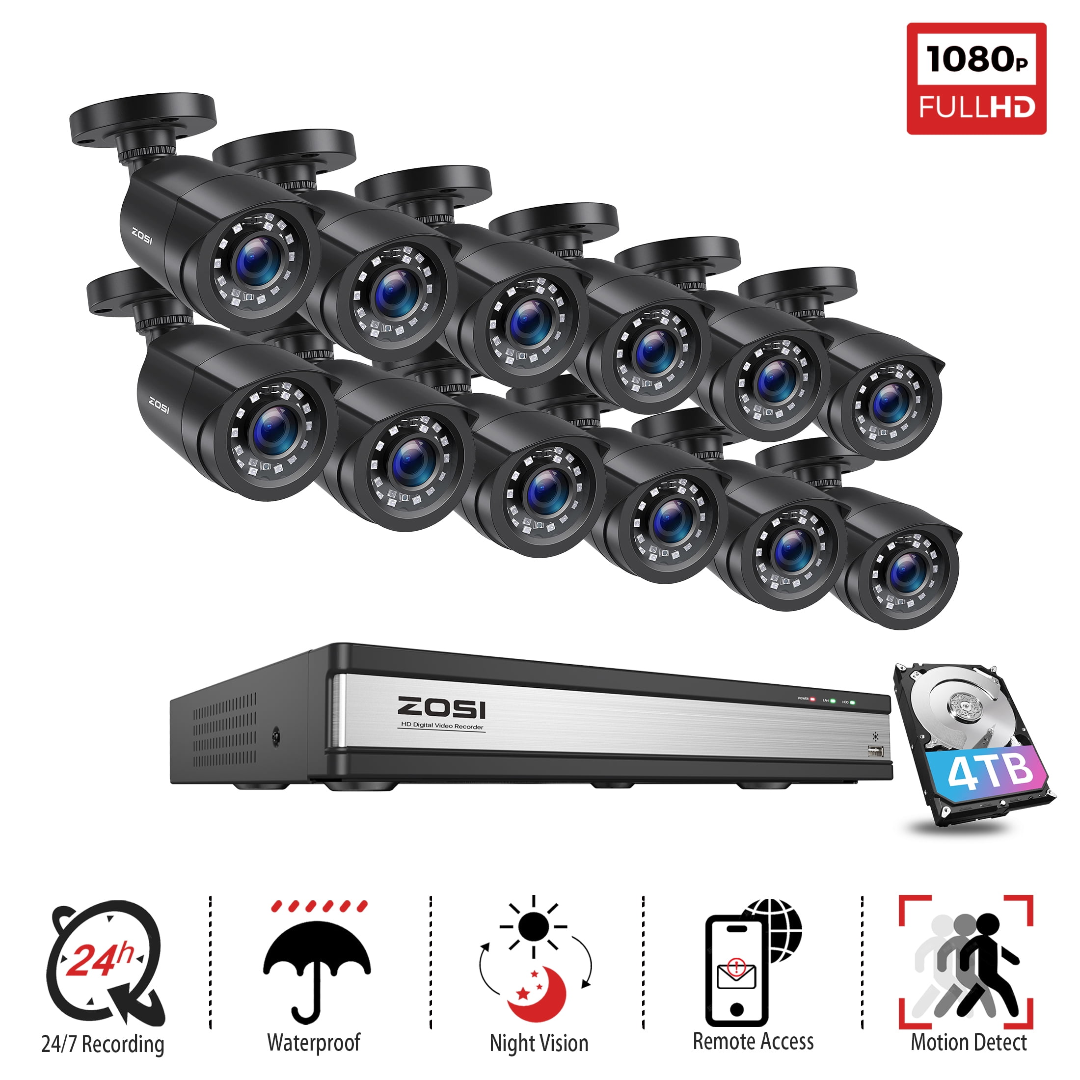 ZOSI 16CH 1080p Security Camera System H.265+ CCTV DVR Recorder with ...