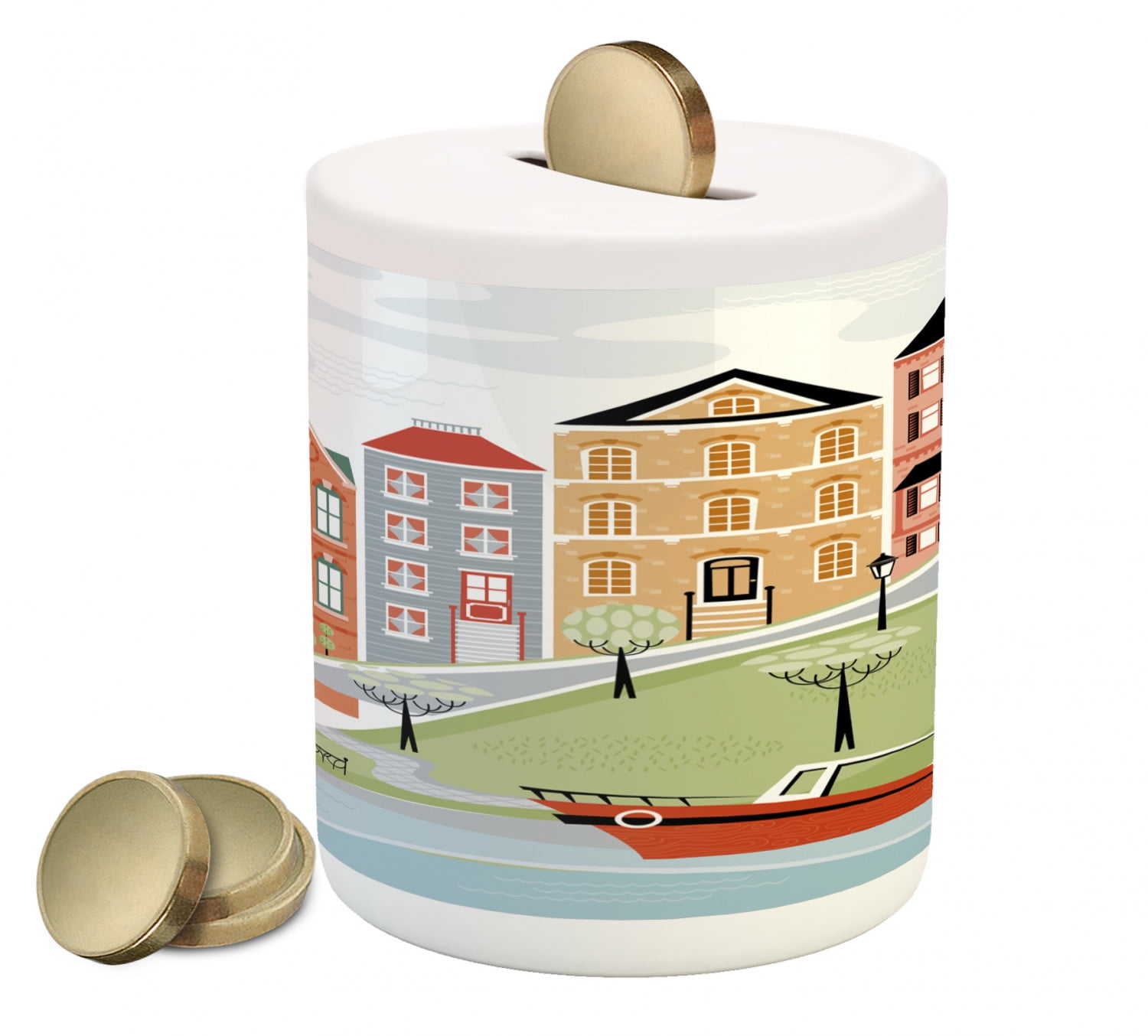 Cityscape Piggy Bank, Quaint Village Street and Colorful Building by ...