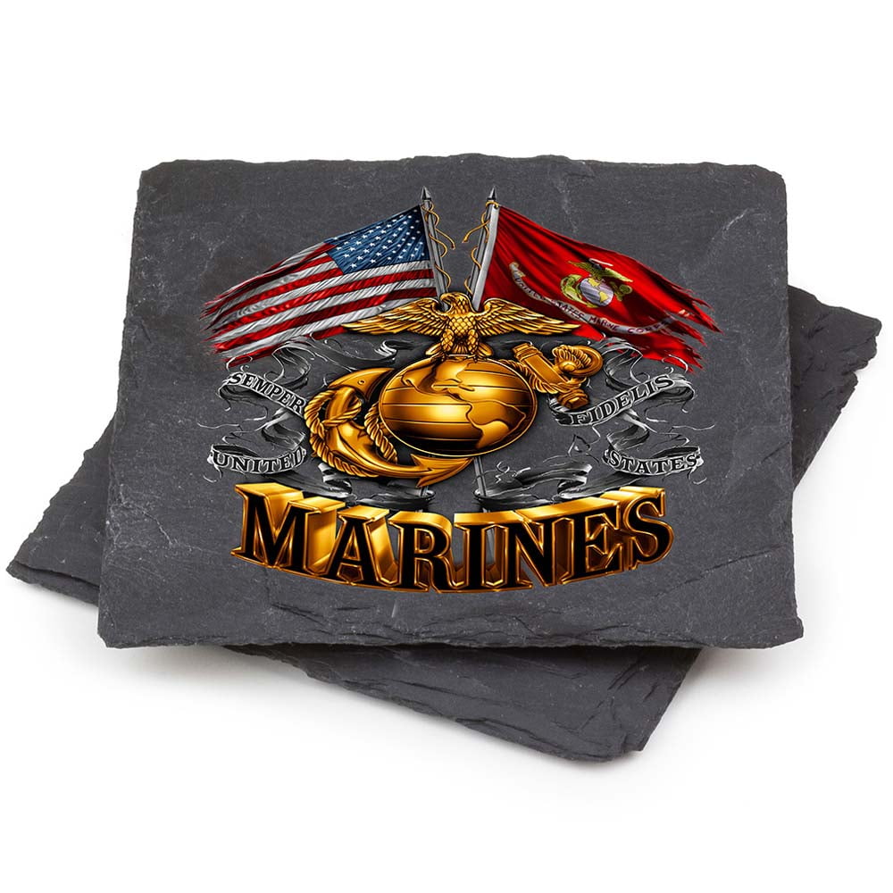 US Marines Natural Stone Coaster- USMC Double Flag Gold Globe Gift Box ...