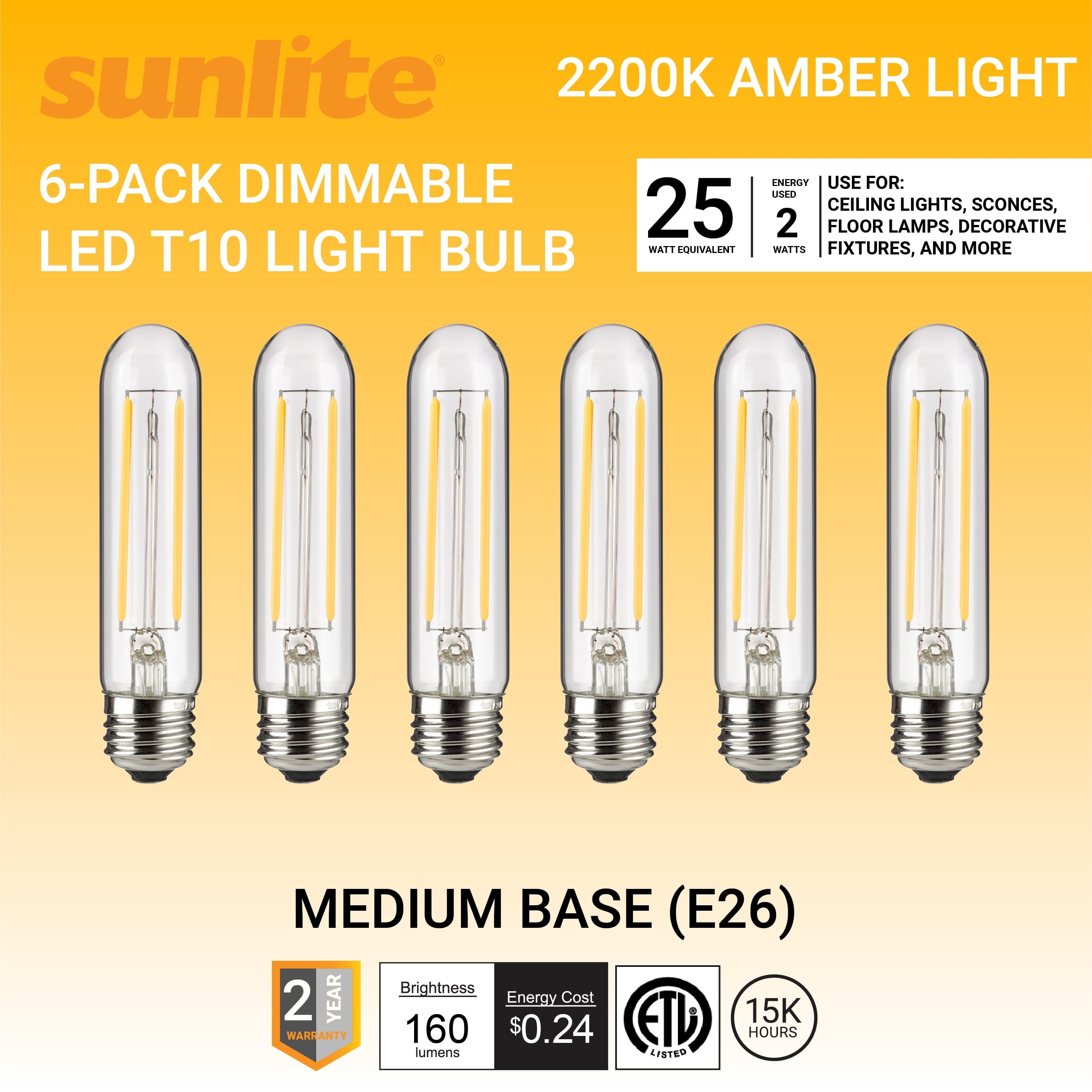 Sunlite LED Filament T10 Tubular Light Bulb, Vintage Edison Style, E26 ...