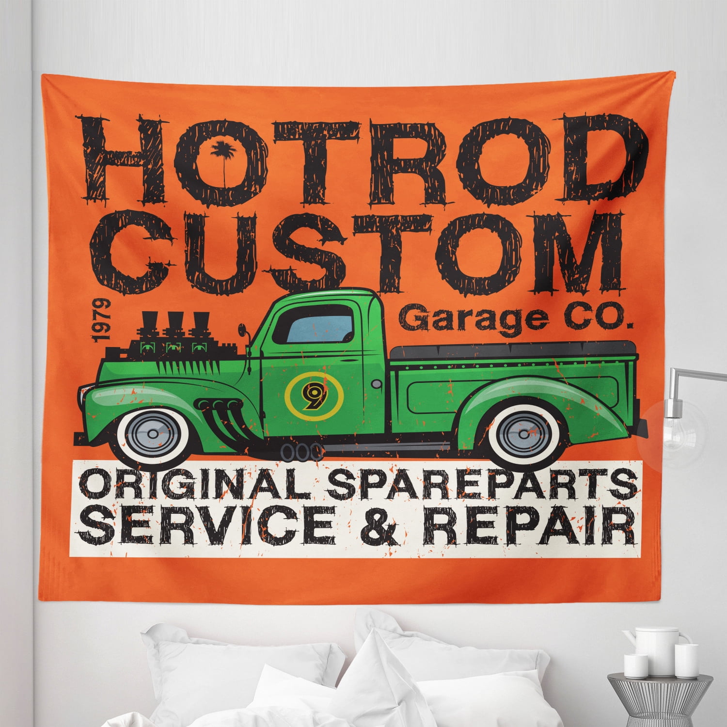 Vintage Trucks Tapestry, Retro Style Vehicle in a Garage Themed Poster ...