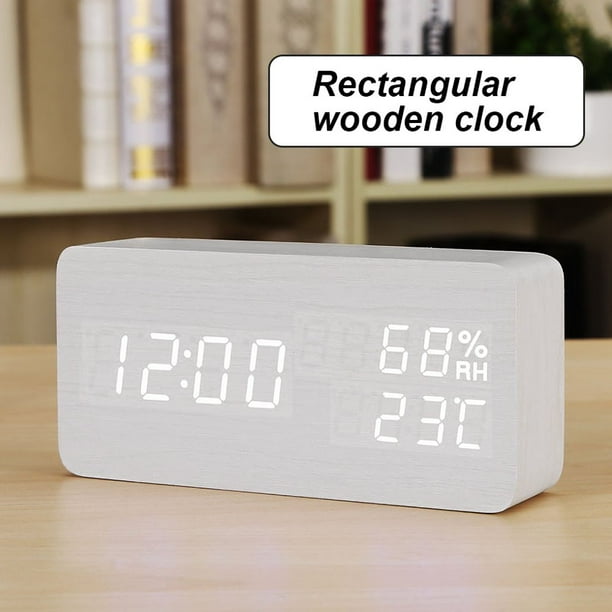 Alarm Clock LED Wood Table Humidometer Thermometer Voice Control ...