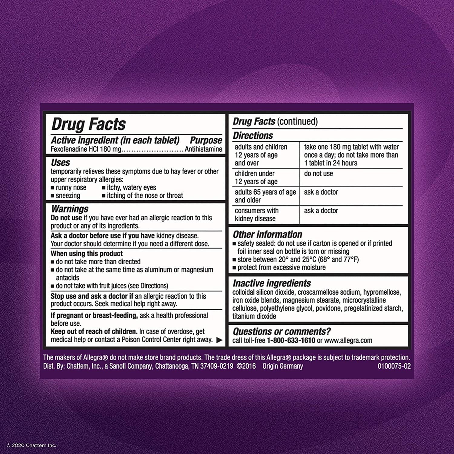 Buy Allegra Allergy 24 Hours Relief Fexofenadine 180mg, Antihistamine ...