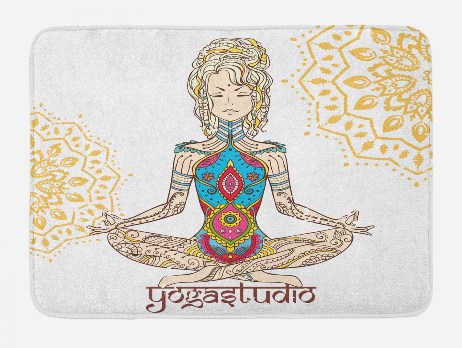 Chakra Bath Mat, Girl in Yoga Position with Ethnic Figures on Her Body ...
