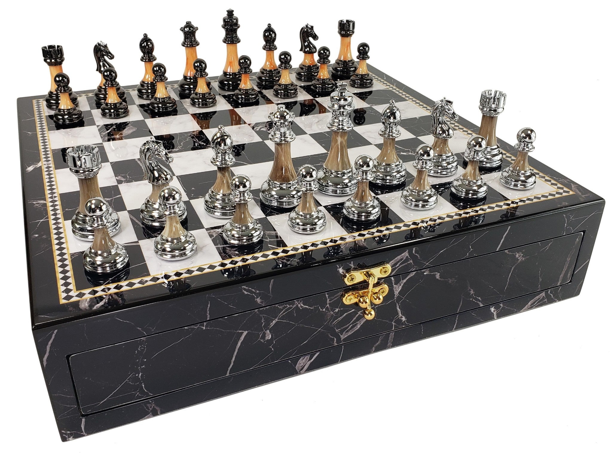 Staunton Chrome & Black Plastic Chess Set w/ 17" Black Faux Marble ...