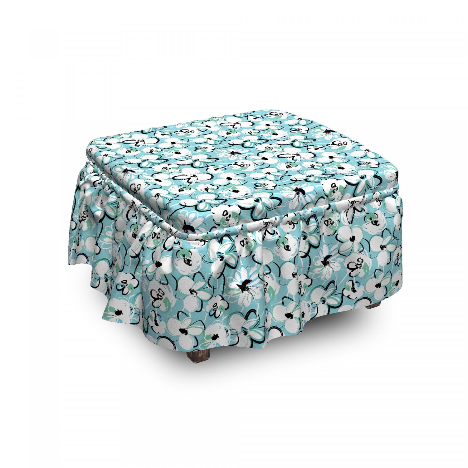 Floral Ottoman Cover, Random Brush Stroke Motifs, 2 Piece Slipcover Set ...