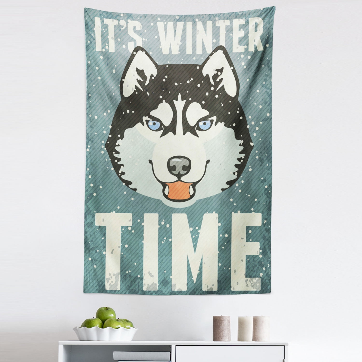 Alaskan Malamute Tapestry, It's Winter Time Retro Poster Dog Face ...