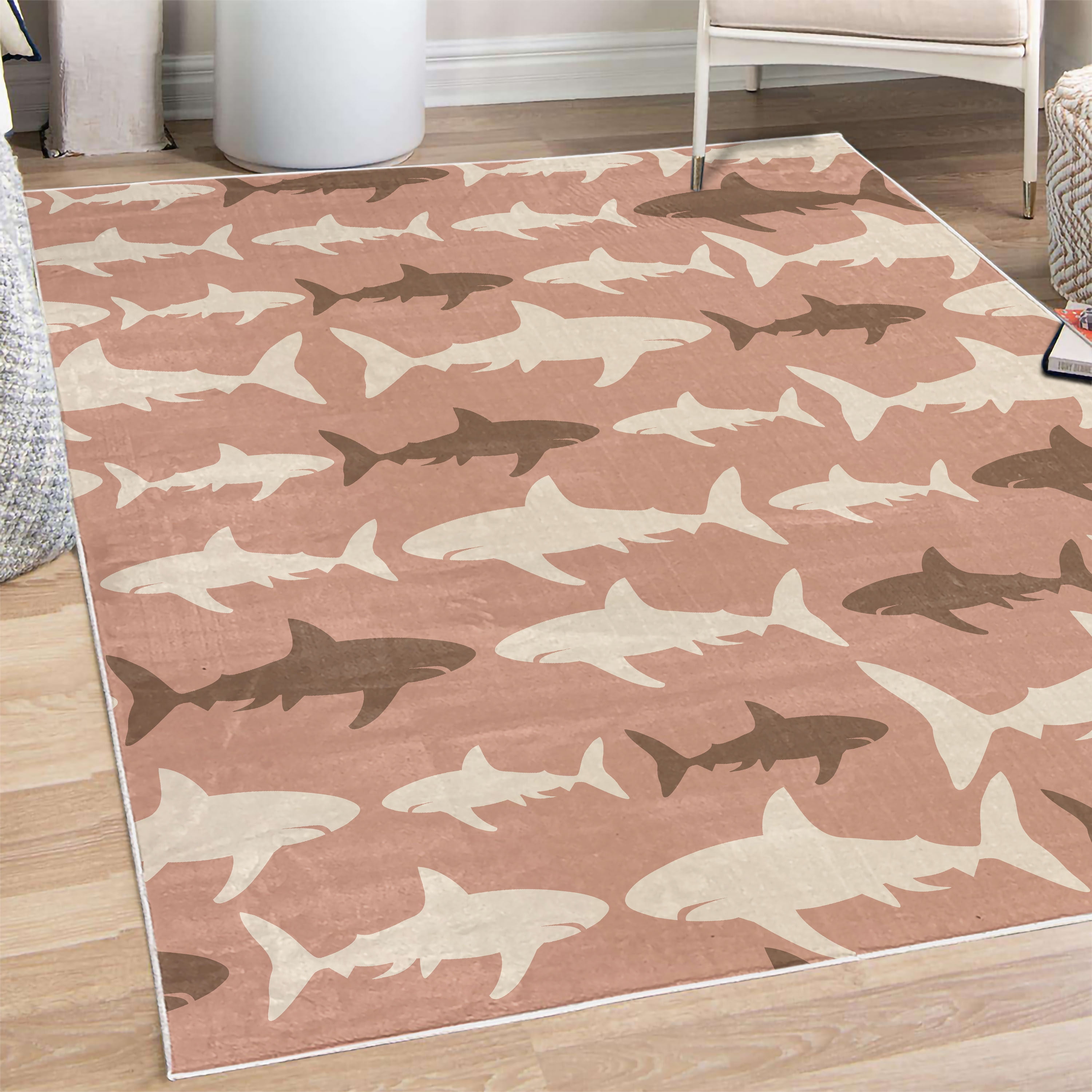 Sea Animals Decorative Rug, Monochrome Shark Illustration Fashion ...
