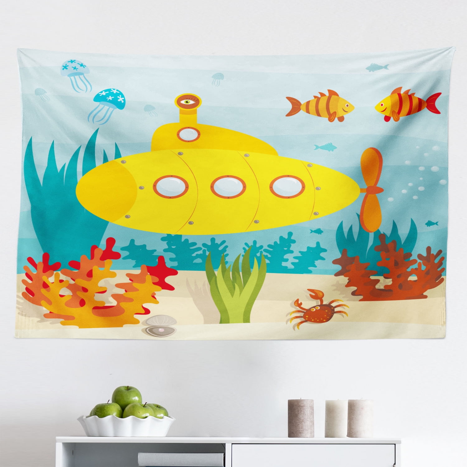 Yellow Submarine Tapestry, Submarine Fish and a Treasure Chest on The ...