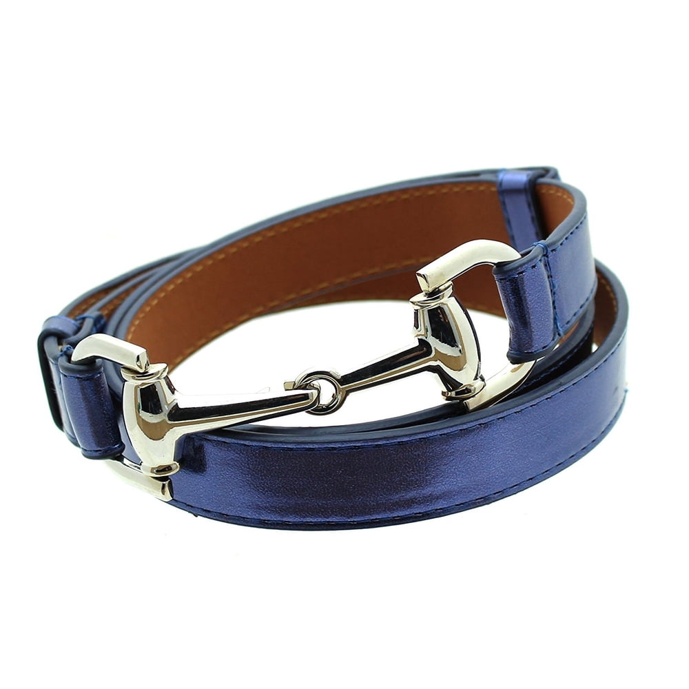 BC Belts - Womens Thin Skinny Metal Tone Leather Belt Horsebit Buckle ...