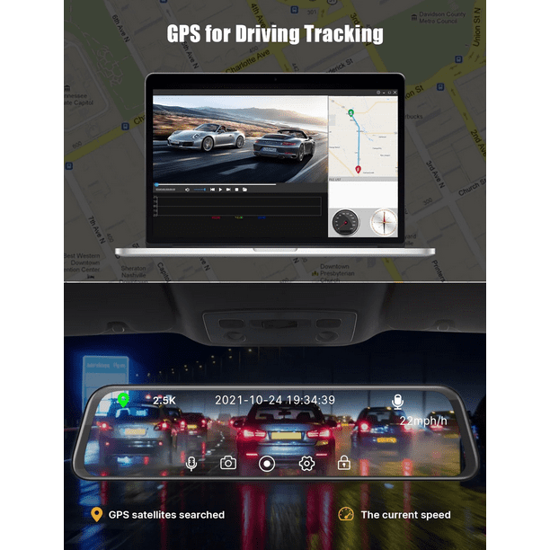 TOGUARD 2.5K Mirror Dash Cam with Voice Control GPS 12 Wireless Rear View Mirror with Night Vision Waterproof Backup Camera Front and Rear Dash Cam