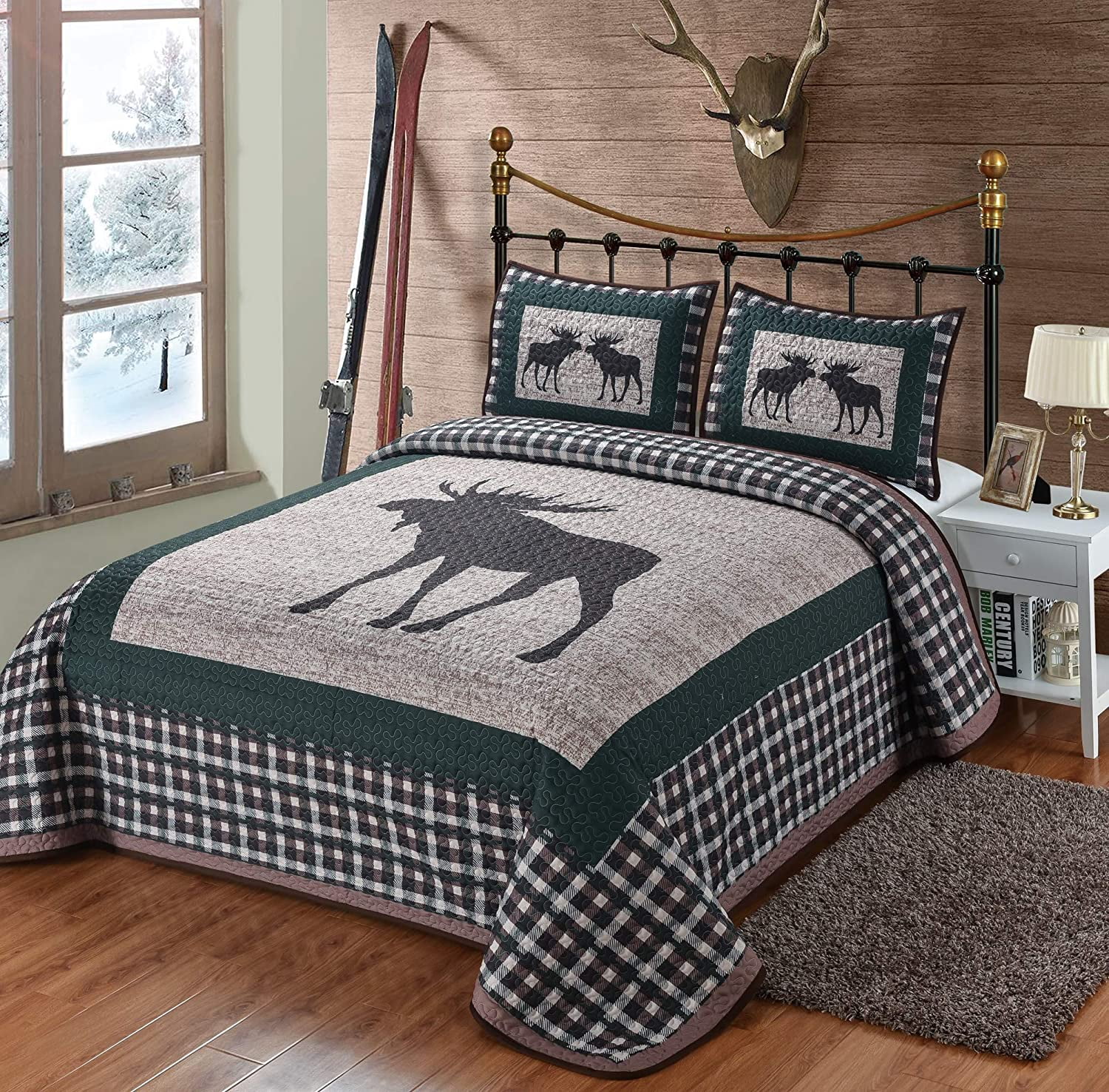 Moose Quilt Queen Size Bedding Set Lodge Cabin Mountain Style Bedspread ...