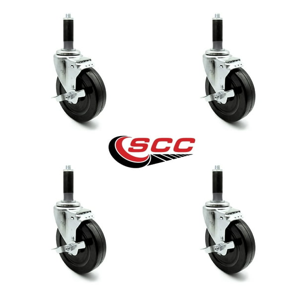 Hard Rubber Swivel Expanding Stem Caster Set of 4 w/5" x 1.25" Black ...
